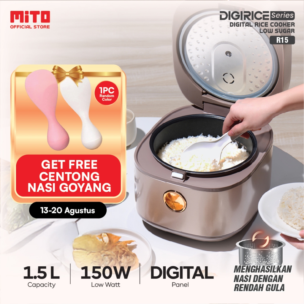 MITO Digital Rice Cooker 1.5 Liter R15 - Low Sugar Rice Cooker with 8 ...