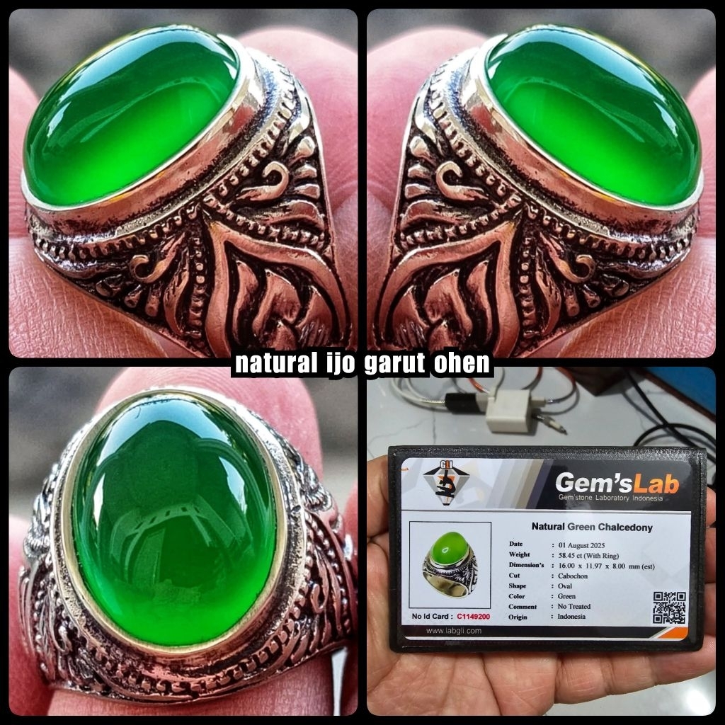 Natural green agate garut ohen super crystal + memo lab id card ...