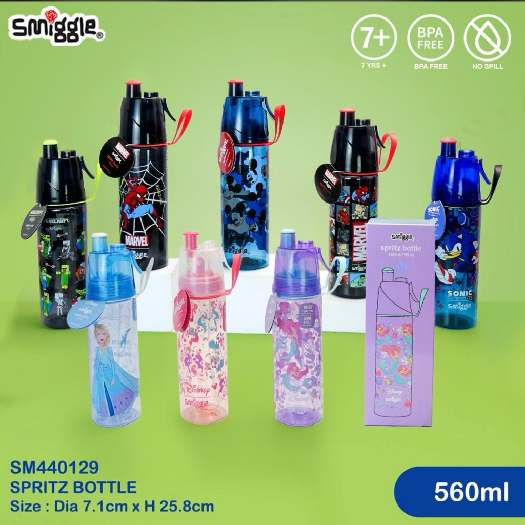 SMIGGLE SPRITZ BOTTLE 560ml MINECRAFT SPIDERMAN FROZEN MERMAID DRINKING ...