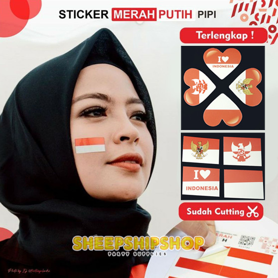 MERAH [ CONTENTS 100 PCS ] FLAG STICKERS 3.5 X 2.5 CM / Red and White ...