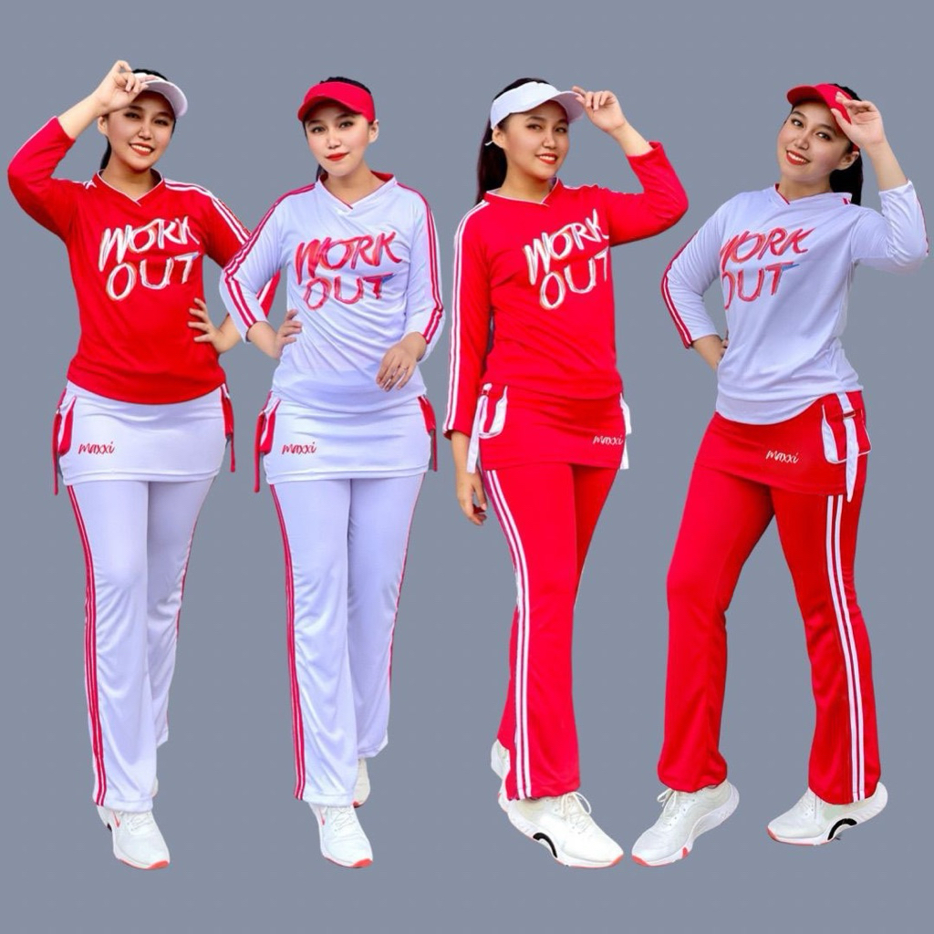 MERAH Red and White Gymnastics Suit Long Workout Skirt Sportswear Set ...