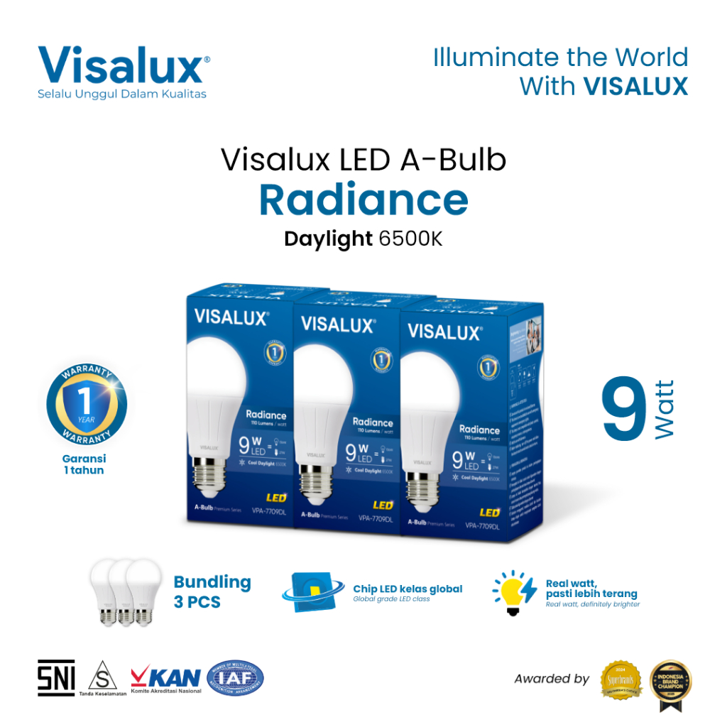 Visalux LED A-Bulb Radiance 6500K Daylight White 9W Lamp - Bundling ...