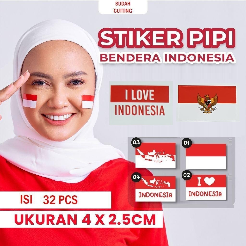 MERAH Red and White Cheek Stickers / Red and White Flag Stickers ...