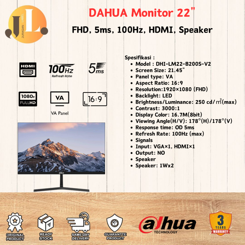 Dahua LED Monitor 22" DHI-LM22-B200S Version 2 FHD HDMI 100Hz Speaker Official Guarantee ...