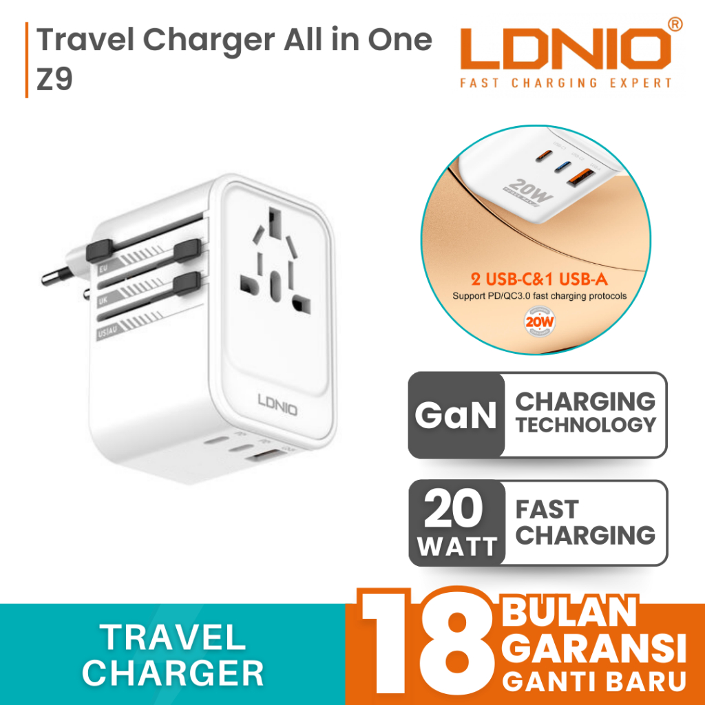 Ldnio Z9 Travel Converter Adapter Universal GaN 20W PD+QC3.0 3 USB ...