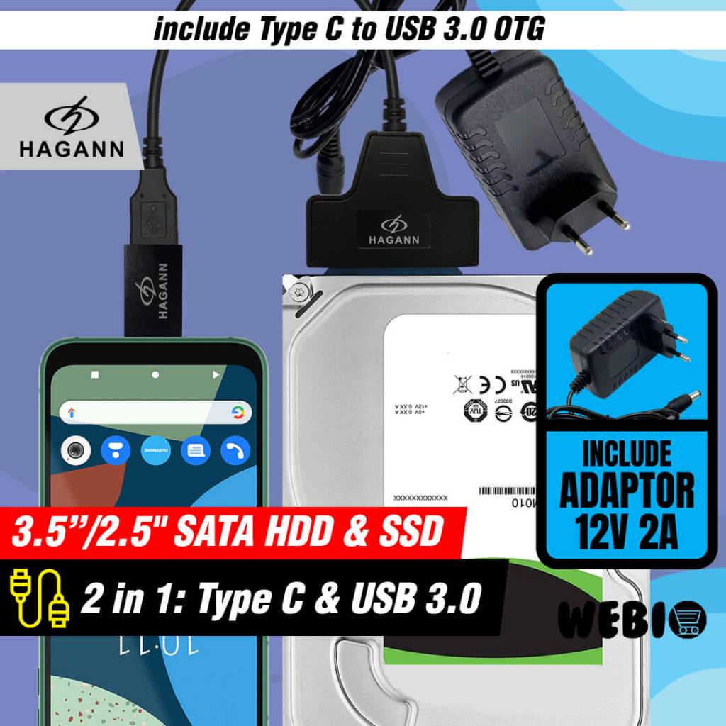 Hagann CON-CC90 + 12V2A Adapter + OTG Type C SATA to USB 3.0 & Type C ...