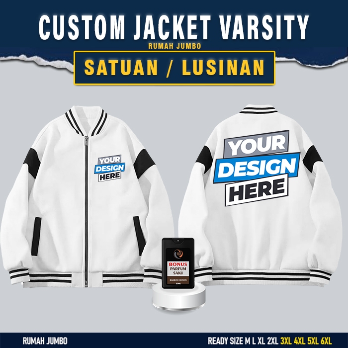 PUTIH HITAM Custom Varsity Jacket, Screen Printed Bomber Unit, WHITE ...