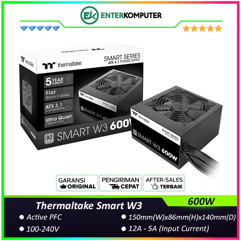 Thermaltake Smart W3 600W 80+ ATX 3.1 Non-Modular Soft Cable / PSU 600 ...