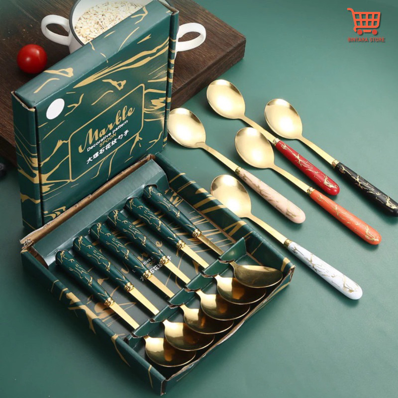 PERALATAN Sultan Marble Spoons 6 Pcs Gold Color Cutlery Set / Box ...