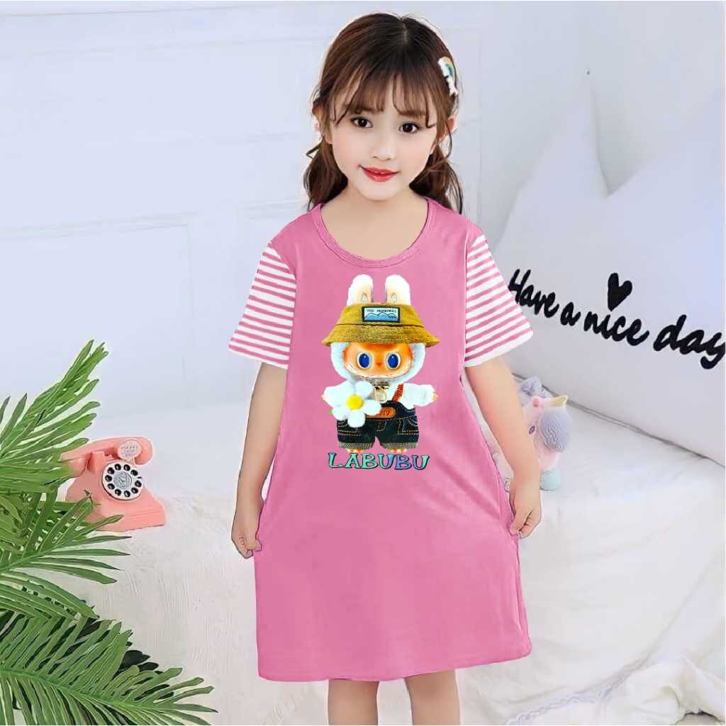 Mony kid Striped dress for girls aged 2-13 years with Labubu Garden DTF ...
