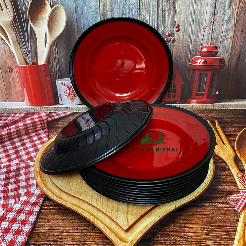 MERAH HITAM 12 Pcs Red and black plastic ramen plates | Plastic Dinner ...