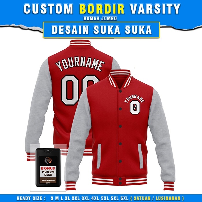 MERAH Custom Embroidered Varsity Jacket, RED GRAY, custom uniform ...