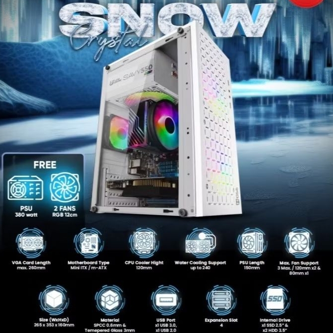 Casing PC HOSE SNOW WHITE CRYSTAL PSU 380W FREE 2 FAN RGB | Shopee Malaysia