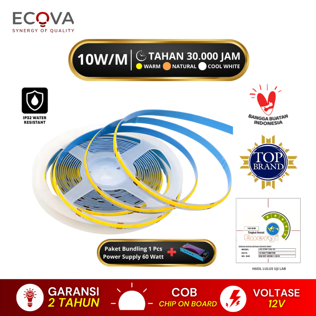 Ecova - 12V COB Chip On Board LED Strip Light 5 Meters + 60 Watt Power ...