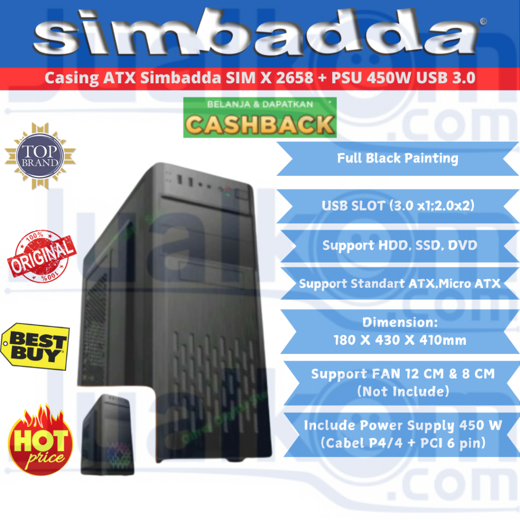 Simbadda Casing ATX Simbada X 2658 + PSU 450W USB 3.0 Full Black ...