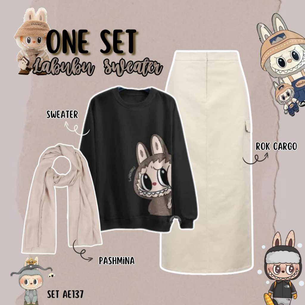 3 IN 1 One SET HIJAB Korean Style LABUBU Viral Suit SWEATER LABUBU ...