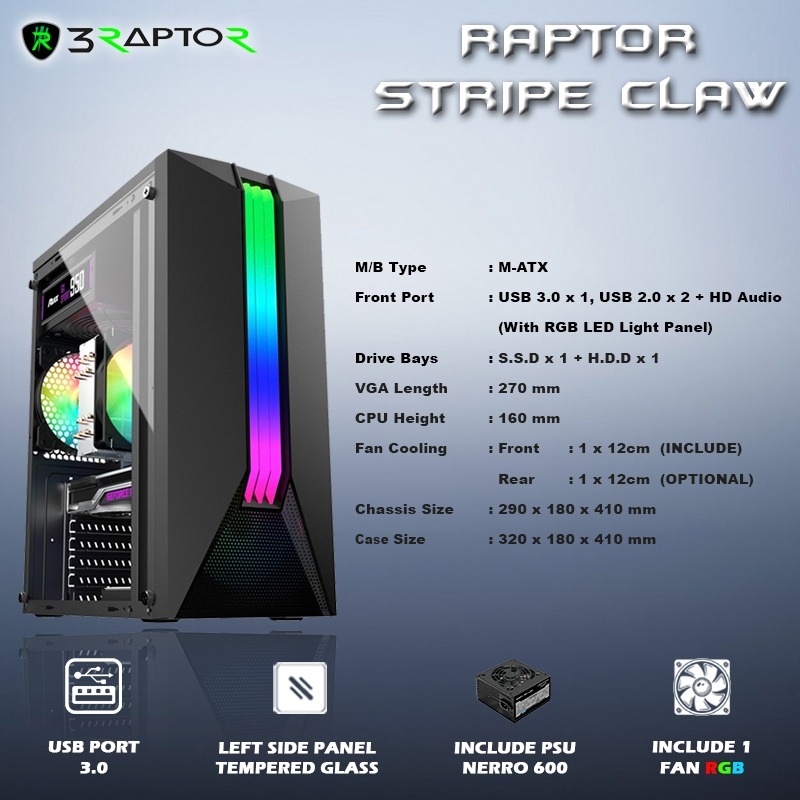 Raptor Glass Stripe Claw Black Gaming Case Includes PSU Nerro-600 ...