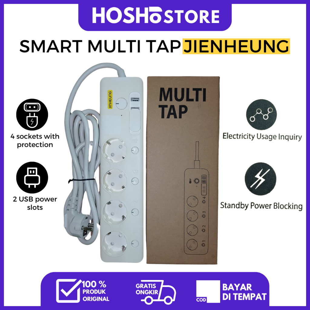 SMART Multi Tap Jienheung Electric 4 Plugs with Protection & 2 USBs, 2 Meter Long Cable | Shopee ...