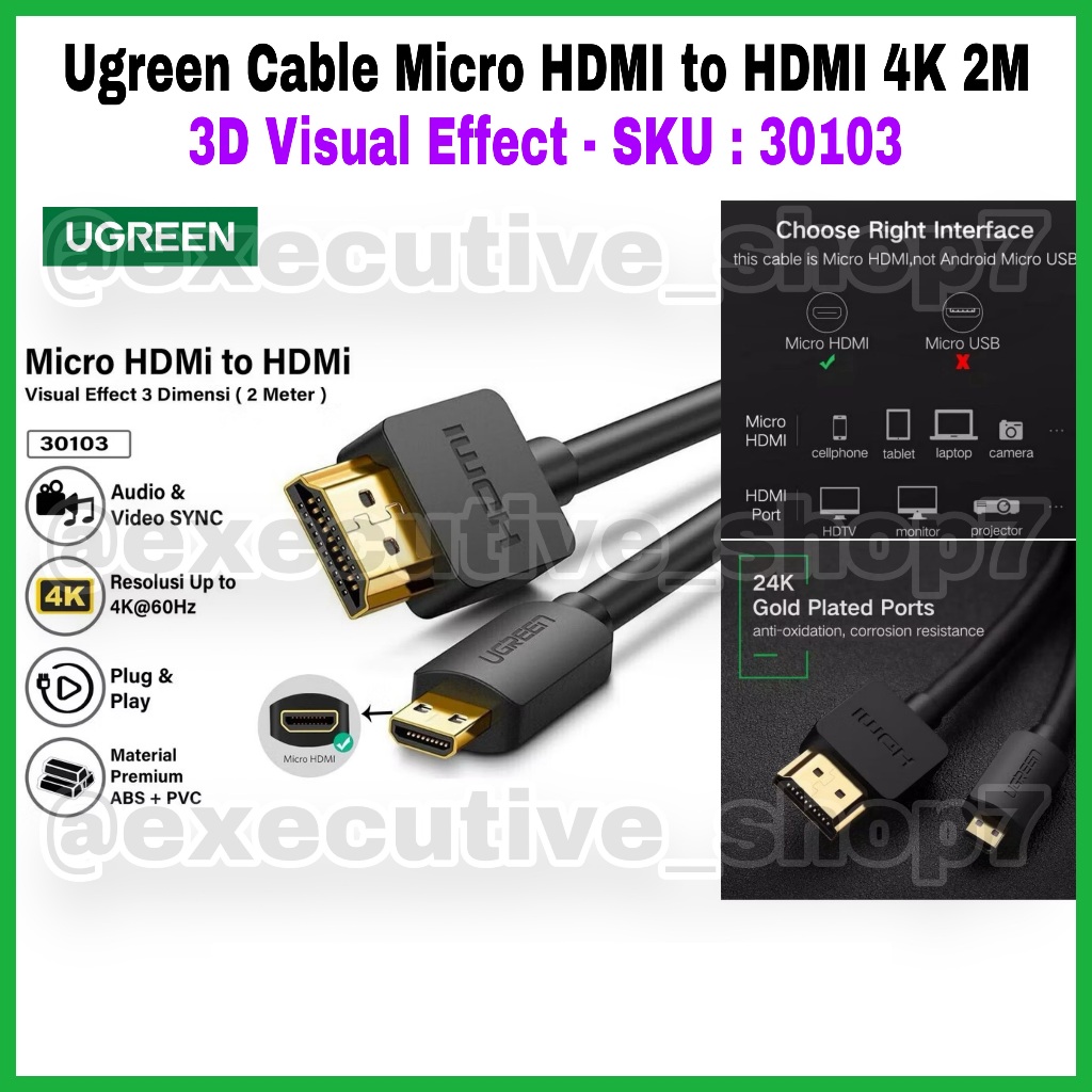Ugreen Cable Micro HDMI to HDMI 4K 2M - 3D Visual Effect - SKU: 30103 ...