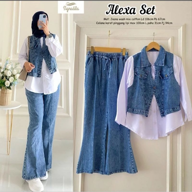 KEMEJA Alexa set (soraya set) jeans shirt and cutbray trousers, jeans ...