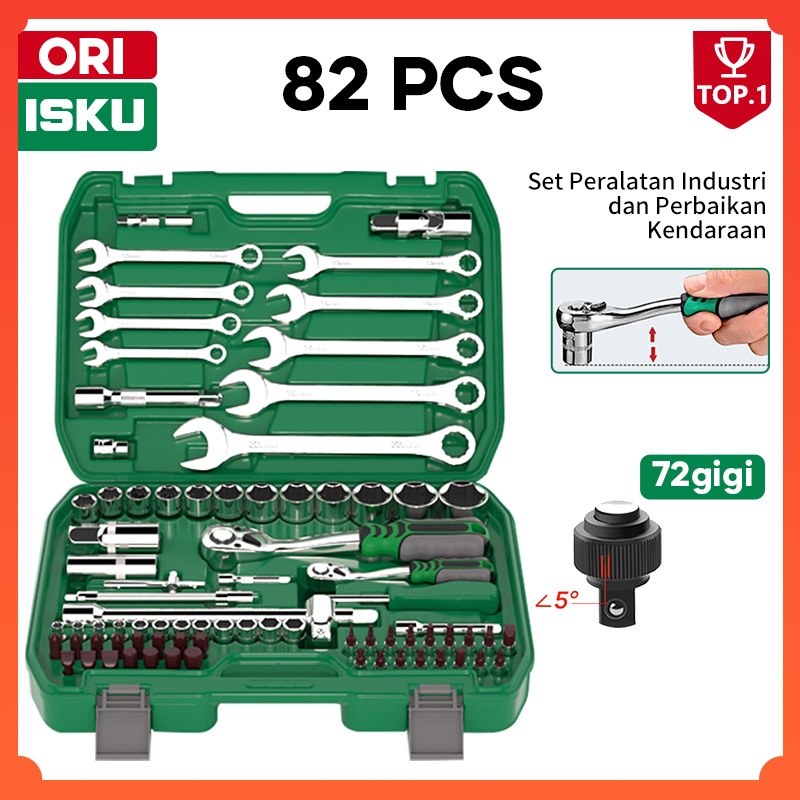 Isku Shock Wrench Set 82pcs Tool Kit Set of Ring Wrench Set and 3pcs 1/2 72 teeth Shock rachet ...