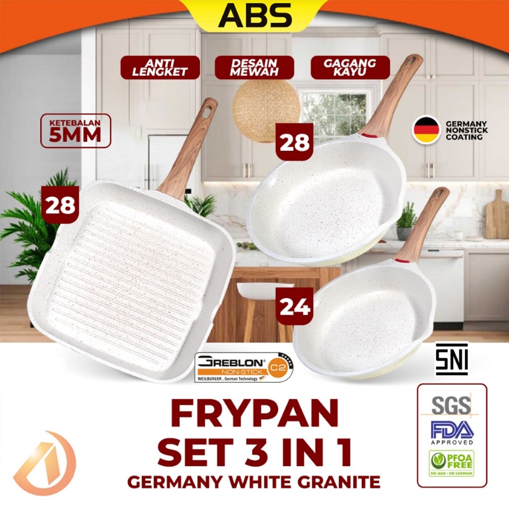 PERALATAN KAYU PUTIH Abs Tifale 3IN1 White Granite Cookware Marble Coated Non-stick Wooden ...