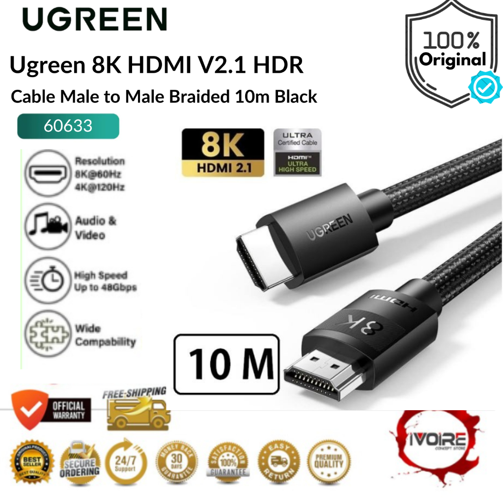 Ugreen 8K HDMI V2.1 HDR Cable Male to Male Braided 10m Black - 60633 | Shopee Malaysia