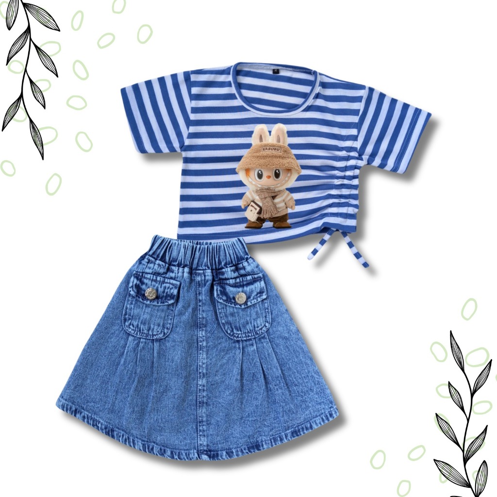 Jeans Skirt Suit And Striped Shirt For Girls With LABUBU MOTIF | Shopee ...