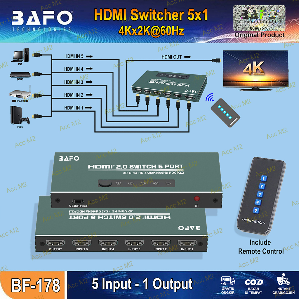 Bafo HDMI Switcher 5 IN 1 OUT 4K Switch HDMI 2.0v5 port ORIGINAL BAFO ...