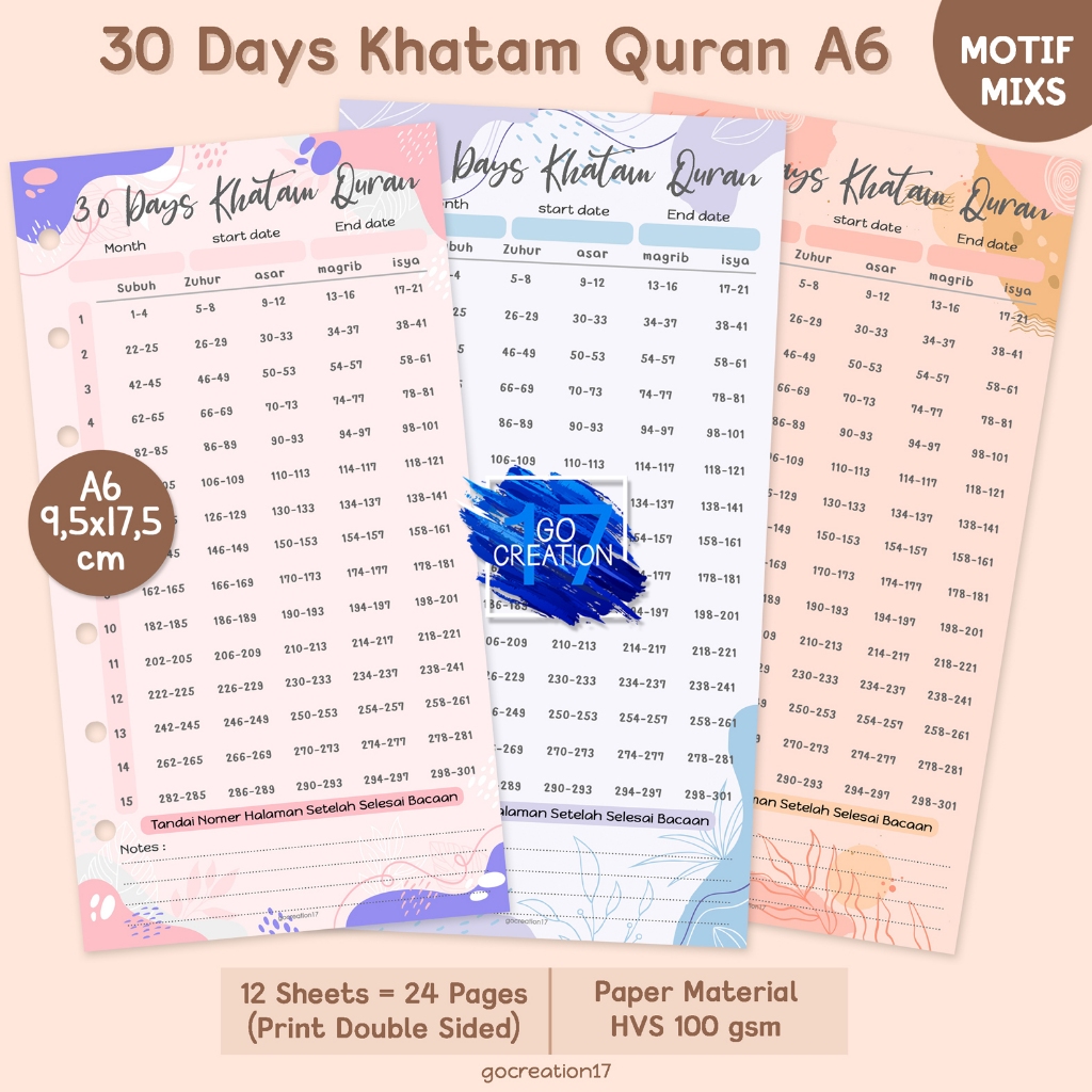 Planner Book Refill Binder Paper 30 Day Khatam Quran Premium Motif A6 ...