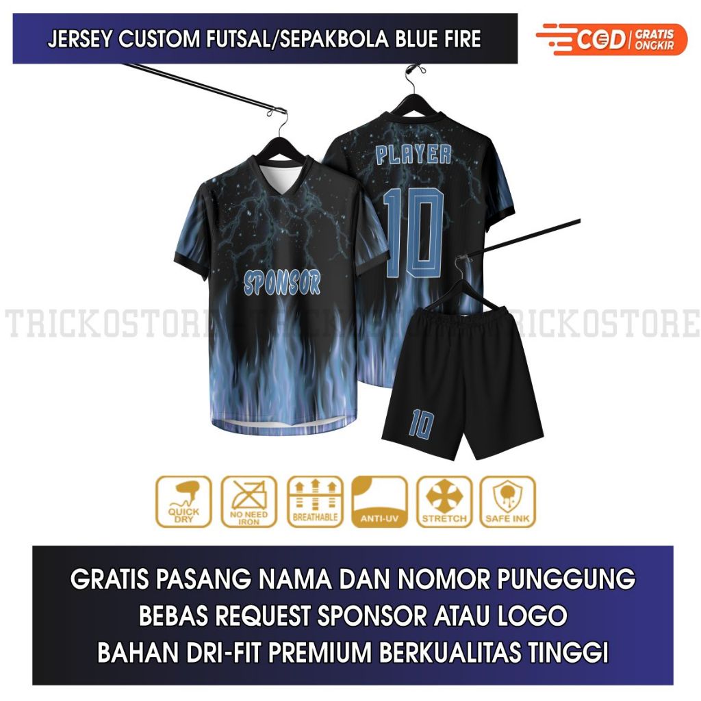 Blue FIRE FUTSAL JERSEY FREE TO INSTALL NAME AND BACK NUMBER PREMIUM ...