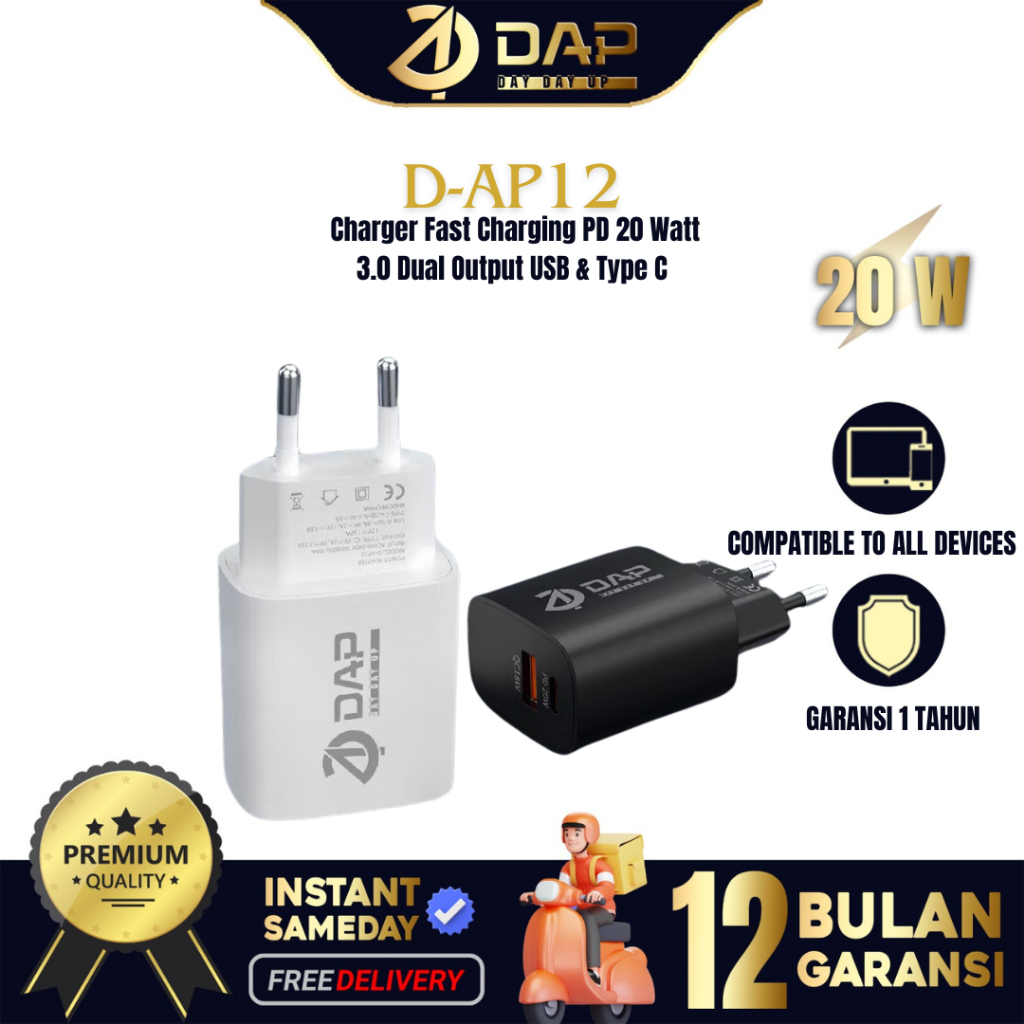 Dap D-AP12 Fast Charging Head PD 20 Watt 3.0 Dual Output USB & Type C - 1 Year Guarantee ...