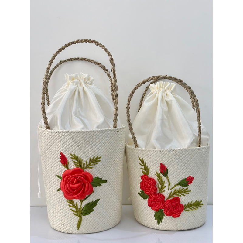 Large FLOWER EMBROIDERED BUCKET hamper bag pandan parcel woven bag ...