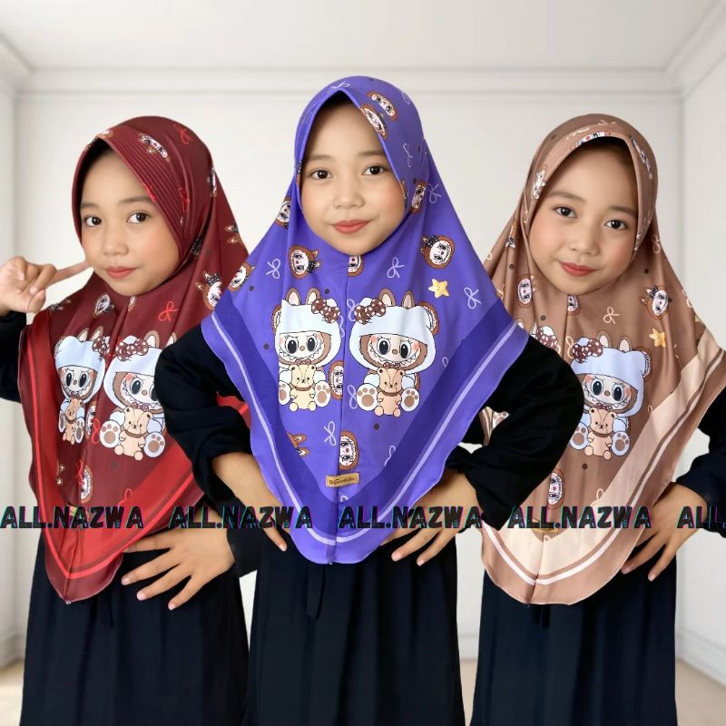 Children's Instant Hijab Bergo Labubu Soft Pad/ Labubu Jersey Hijab ...