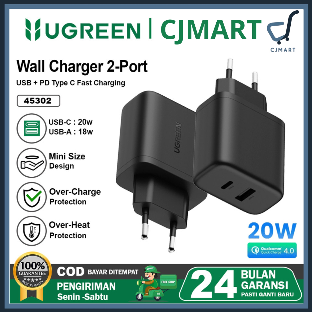 UGREEN Dual Port USB Charger Head A + USB Type C Fast Charging 20W ...