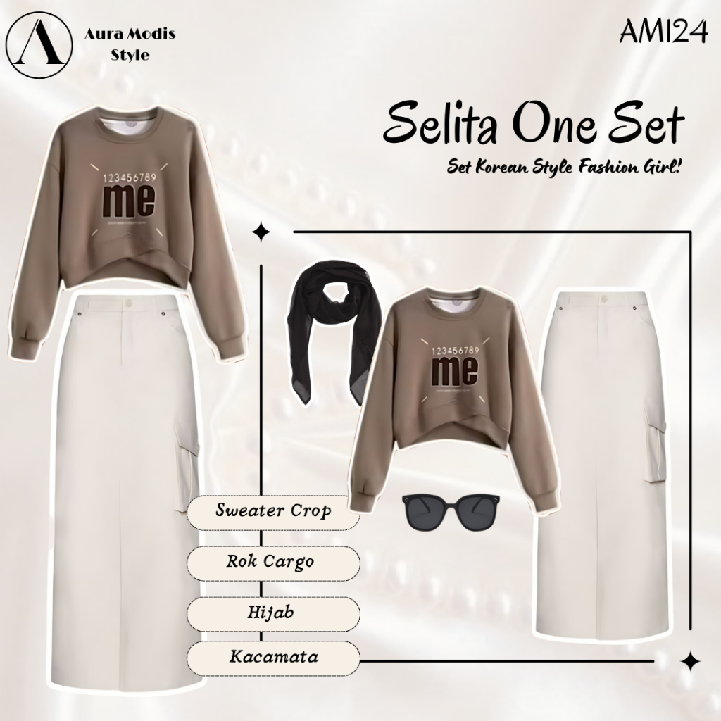 One set outfit 3in1 (Crop Sweater + Cargo Skirt + Hijab + Cool Glasses ...