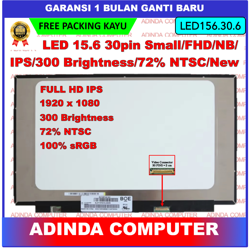 Lcd LED 15.6 15 Inch 30 Pin 30pin Small Narrow Full HD FHD IPS 300cd 72% NTSC No Bracket Ear ...