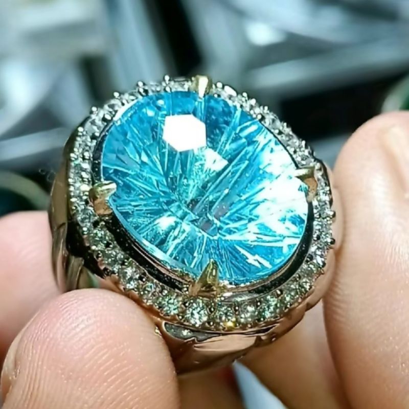 Custom Cutting Swiss Blue Topaz Stone Ring | Shopee Malaysia