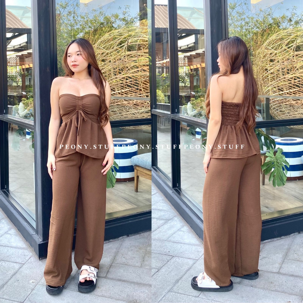 Devina One Set of Tube Top + Crinkle Airflow Trousers | Shopee Malaysia