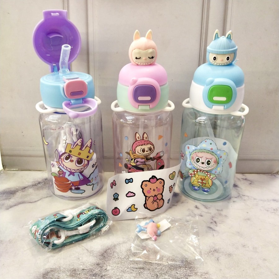 Labubu DRINKING BOTTLE 8842 550ml WITH STRAW AND LONG ROPE FREE 2D AND ...