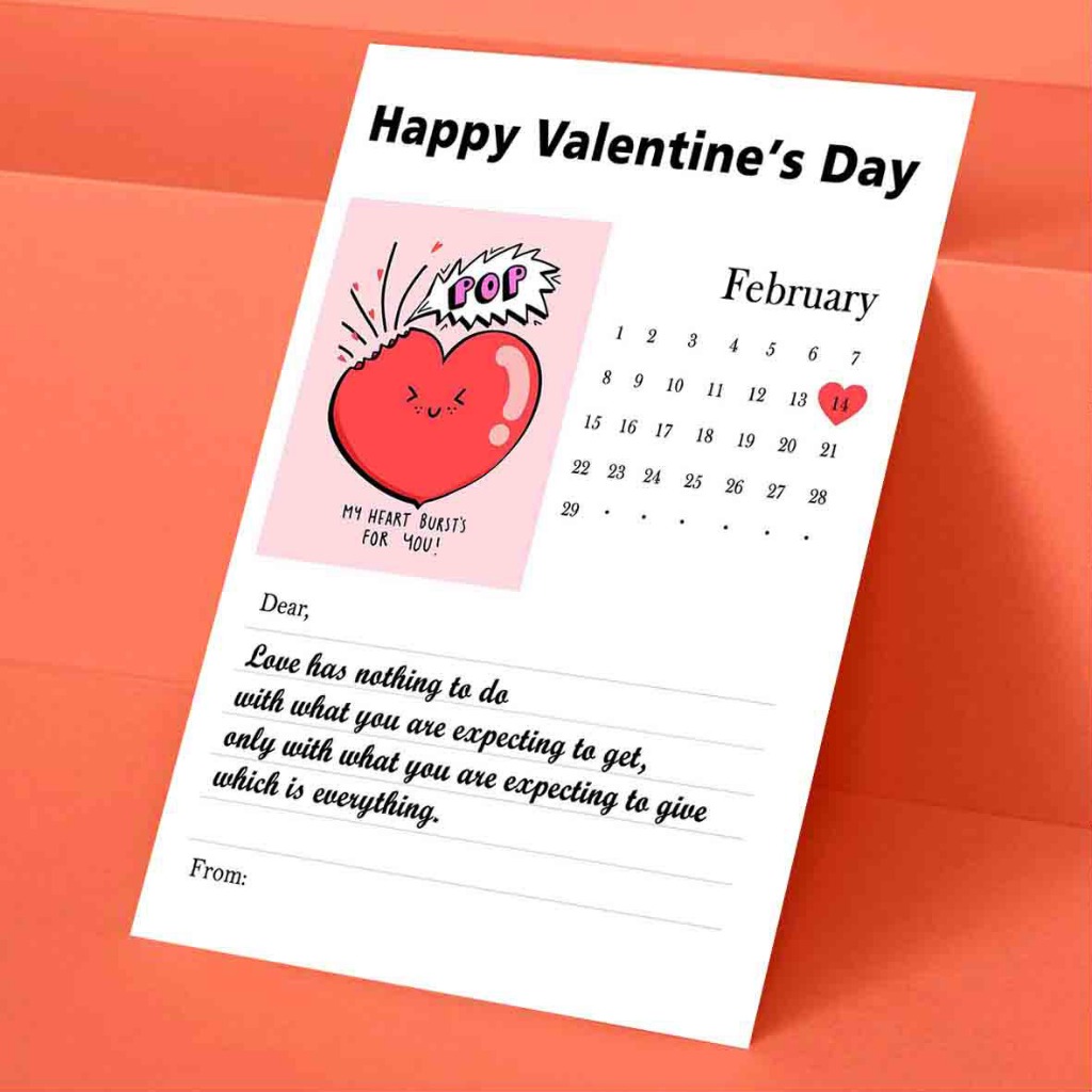 Calendar Postcard Valentine's Day / Valentine's Day Greeting Card ...