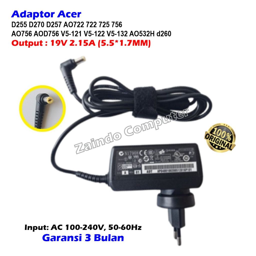 ADAPTER ACER 19V 2.15A (5.5*1.7MM) HAPPY 1 HAPPY 2 AOD150 AOD250 AOD255 AOD260 OD270 AO722 AO751 ...