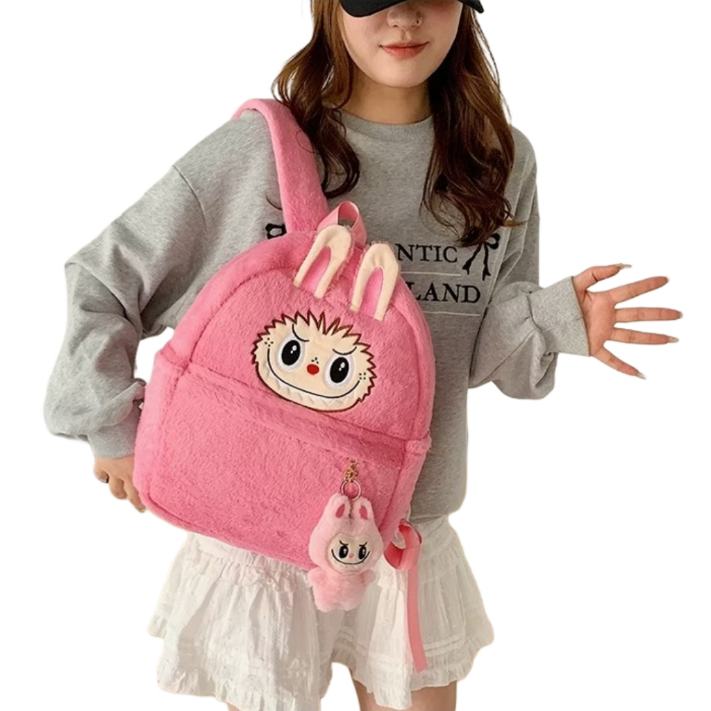 LABUBU Backpack Backpack Soft Fur Material Pink | Shopee Malaysia
