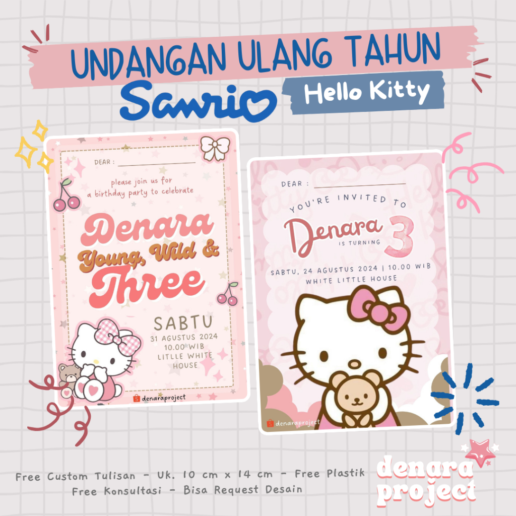 Hello Kitty Birthday Invitation - Sanrio Theme Birthday Invitation Card ...