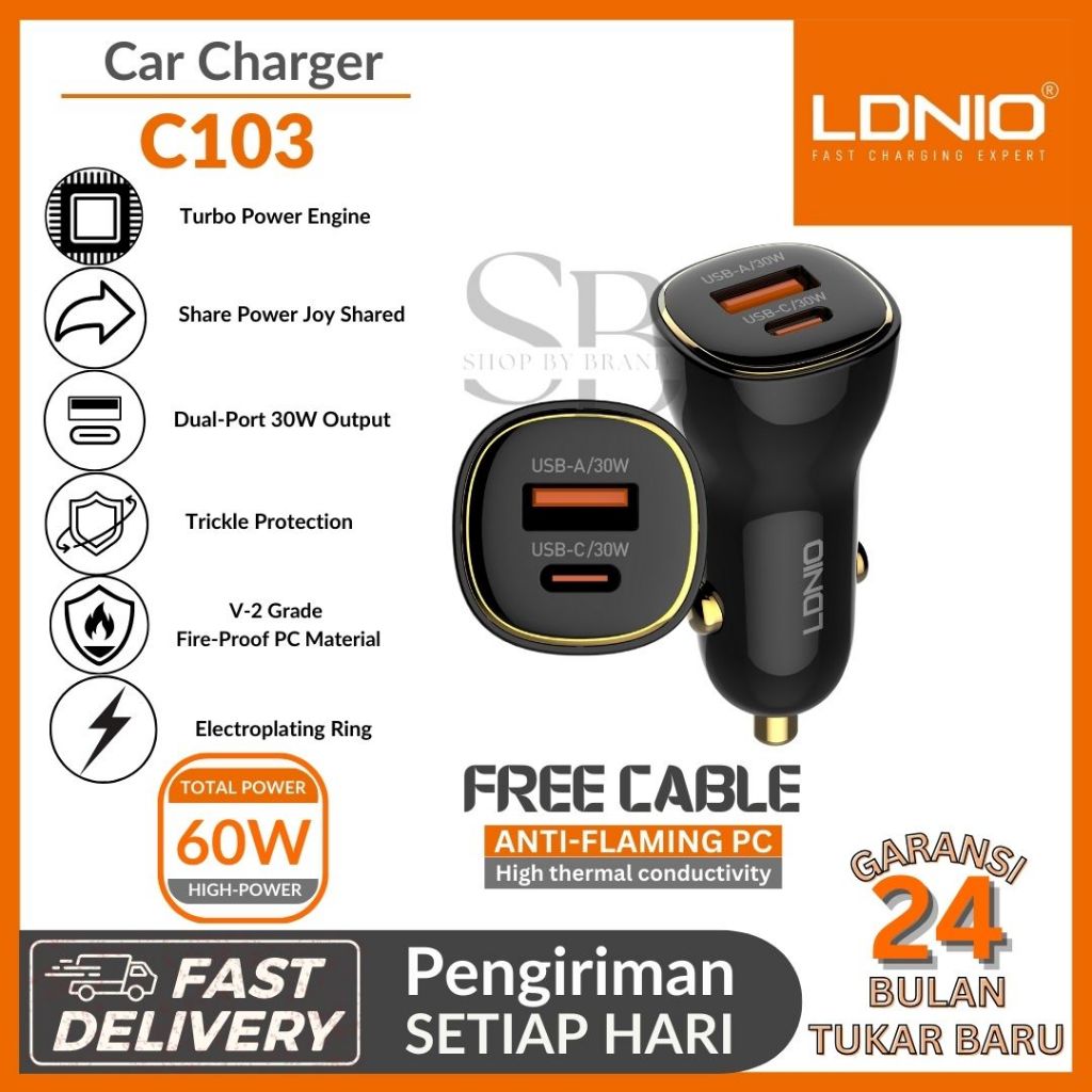 Car Charger LDNIO C103 Car Adapter USB C PD QC Port Super Fast Charging 60W | Shopee Malaysia