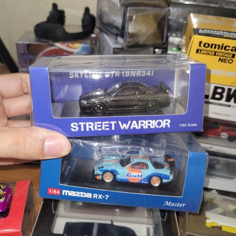 Miniscale street warrior r34 black chrome & master rx7 open hood gulf ...