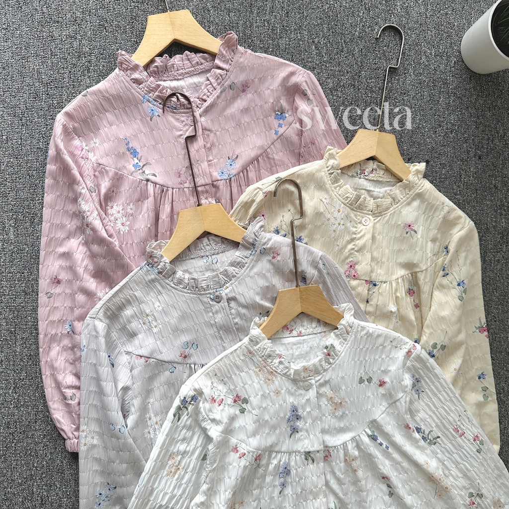 SWEETA | Two Tone Floral U-Ruffle Blouse | Crinkle Airflow | LD 115 cm ...
