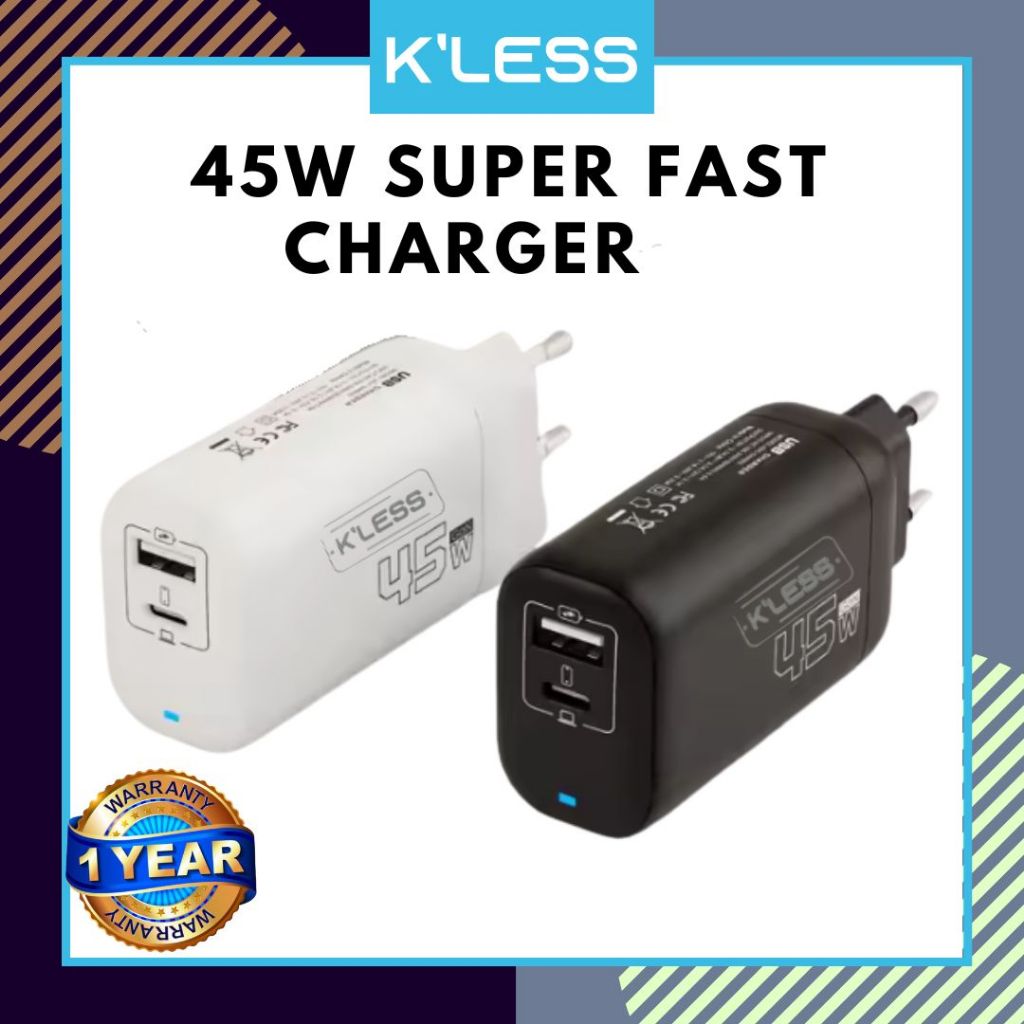 Kless 45W GAN Super Fast Charger Type C PD + QC 3.0 USB Port | Shopee ...