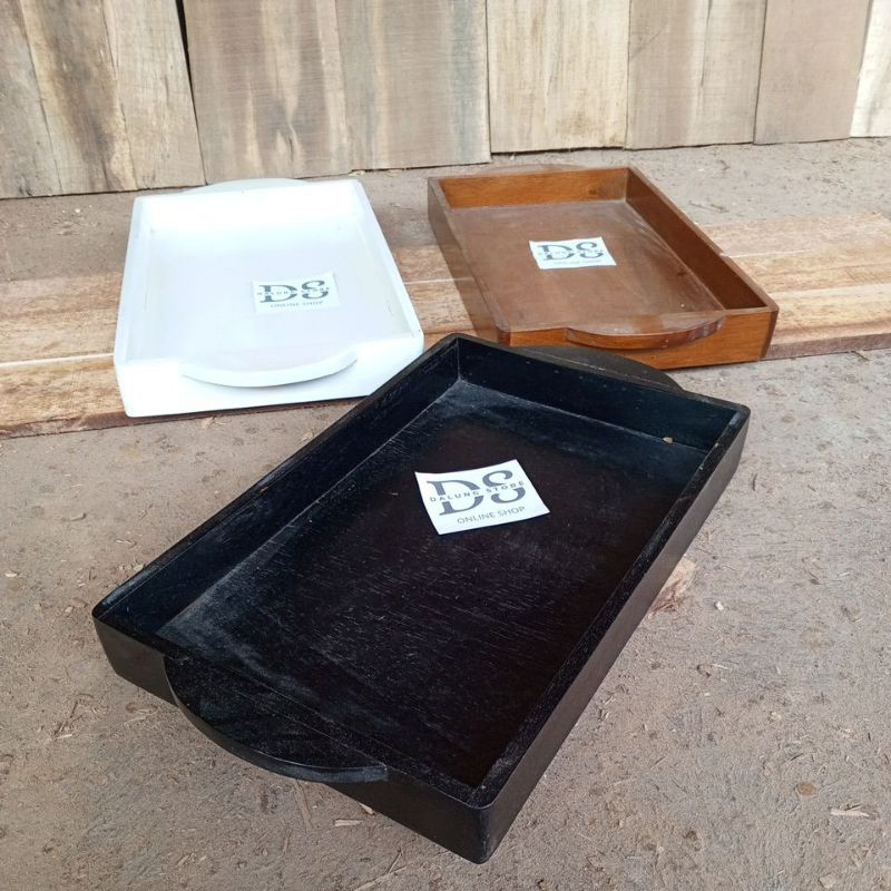 KAYU HITAM PUTIH Wooden tray with black and white polished oval handle ...