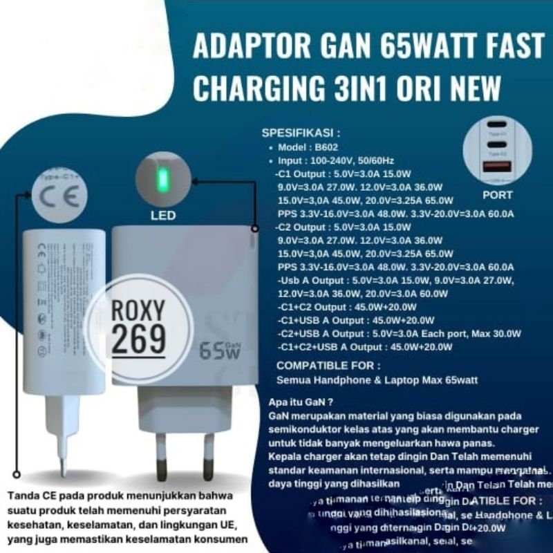 Adapter GAN Charger Carger 3in1 3 Port USB 65W 65watt Charging Original ...